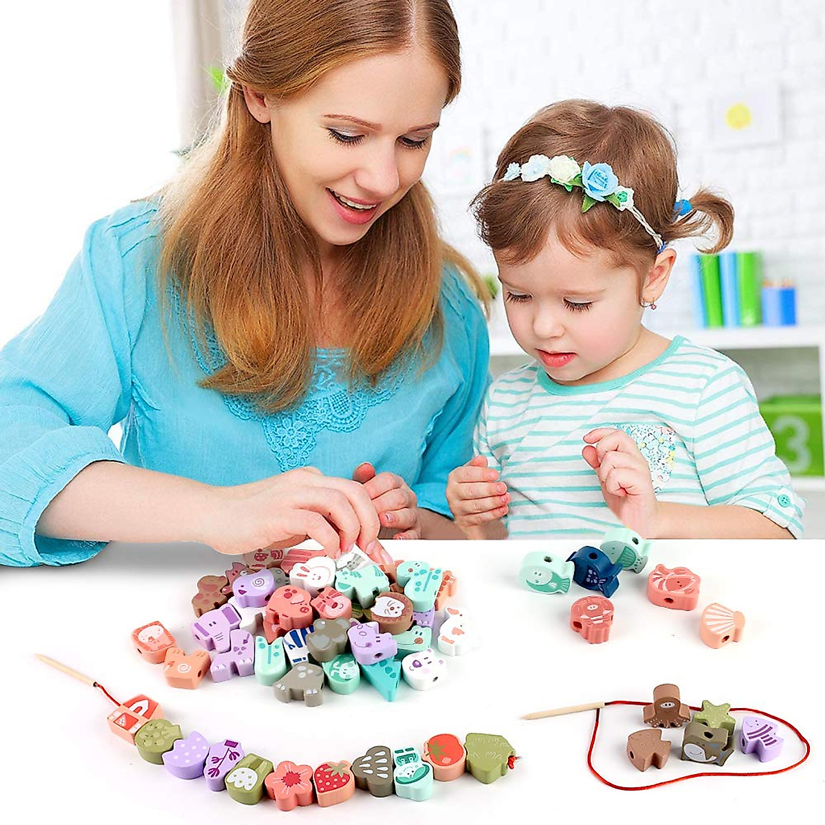 LOVESTOWN Wooden Lacing Beads, 67 PCS Stringing Beads Large Lacing Bead Animals Stringing Toy Montessori Toddler Preschool Toys for Toddlers Kid Birthday Gifts