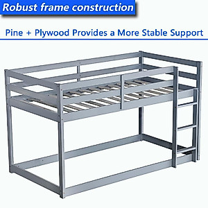 Anwick Twin Over Twin Low Bunk Bed with Stairs and Rails, Wooden Bunk Beds Frame with Safety Guardrail and Slats for Toddlers, Kids, Teens, Boys, Girls, Noise-Free (Grey)