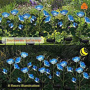 FORUP 2 Pack Solar Garden Stake Lights, Outdoor Solar Rose Flower Lights with 6 Rose Flowers, LED Rose Solar Powered Lights for Patio, Lawn, Garden, Yard Decoration, Blue