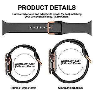 DABAOZA Compatible for Apple Watch Band with Glitter Bumper Case, Women Silicone Soft Comfortable Adjustable Strap with Buckle for iWatch SE Series 8/7/6/5/4/3/2/1 (Black Rosegold, 44mm)