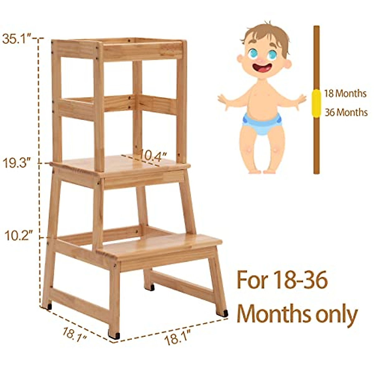 Kitchen Step Stool for Kids with Safety Rail,Solid Wood Construction Toddler Learning Stool Tower, Montessori Toddlers Kitchen Stool (Natural)