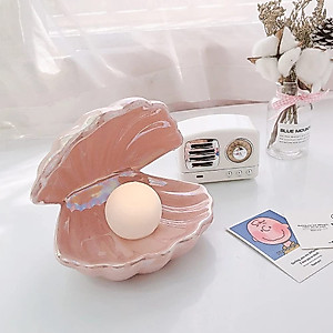 Koolouispoper Ins Japanese Style Ceramic Shell Pearl Night Light Streamer Mermaid Fairy Shell Night Lamp for Bedside Home Decoration Xmas Gift (Pink)