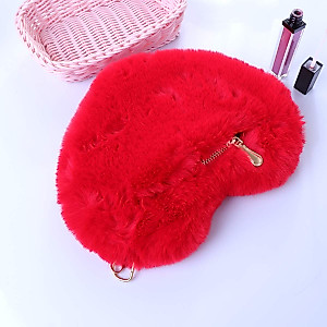 Heart Bag Cellphone Purse Plush Heart Shaped Crossbody Bag with Chain Cute Fluffy Shoulder Bag for Women Ladies- Red Heart Purse
