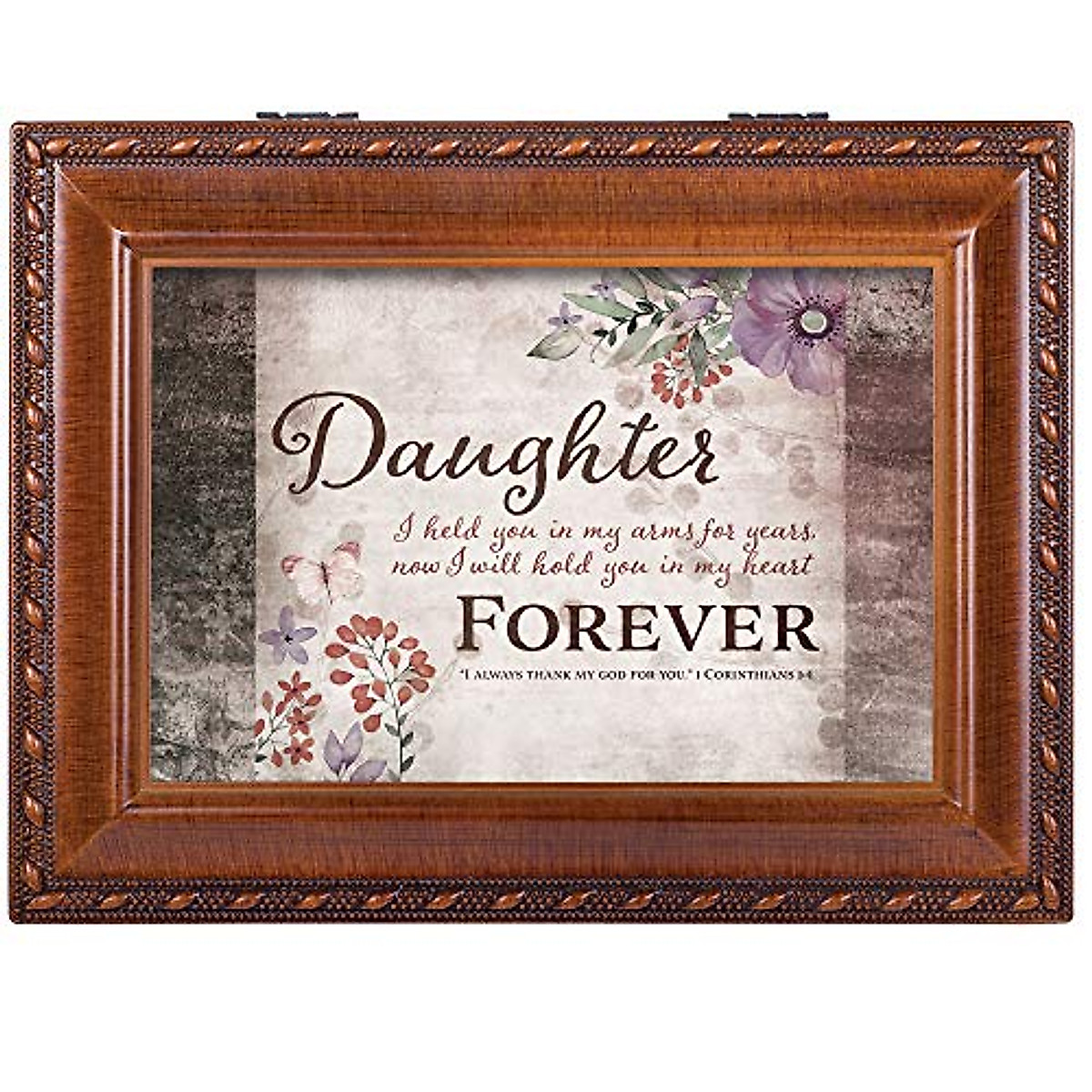 Cottage Garden Daughter I Held You Woodgrain Rope Trim Jewelry Music Box Plays Tune Friend in Jesus