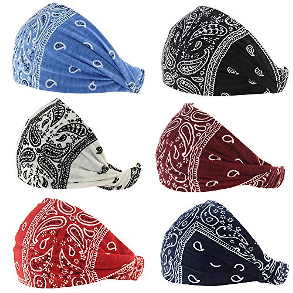 Carede Paisley Bandana Headband for Women with Elastic Yoga Headband Outdoor Hairband Adjustable Turban Headwrap,Pack of 6