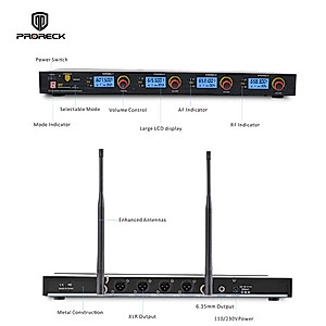 PRORECK MX44 4-Channel UHF Wireless Microphone System with 4 Hand-held Microphones Karaoke Machine for Party/Wedding/Church/Conference/Speech