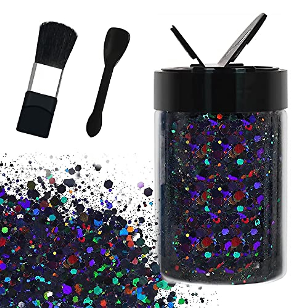 3.5oz/100g Mixed Chunky and Fine Glitter, Holographic Crafts Glitter Powder for Resin, Flakes Iridescent Nail Sequins, Cosmetic Glitter for Face Eye Glitters Tumblers, Festival Decorations (Black)