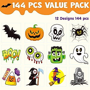 JOYIN 144 PCS Halloween Temporary Tattoos for Kids, 12 Designs Bulk Fake Tattoos Stickers for Halloween Party Favors Decorations, Supplies Trick or Treat Game Gifts Goodie Bags, Class Game Prizes