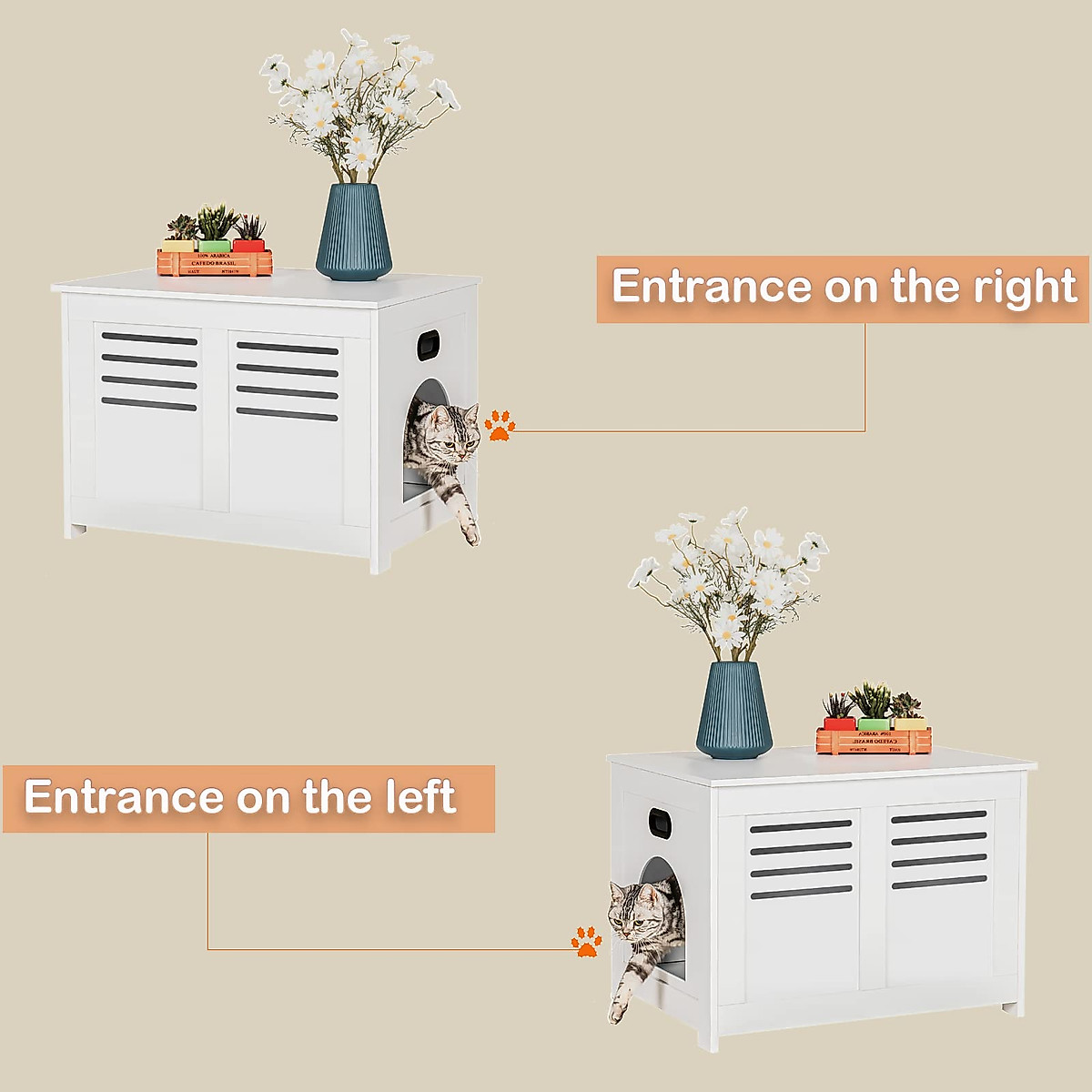 DINZI LVJ Hidden Cat Litter Box Enclosure, Flip Top Cat Washroom Furniture, Good Ventilation, Entrance Can Be on The Left or Right, Enclosed Cat Litter House Side Table for Most of Litter Box, White