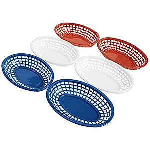 Tablecraft H1074RWB 6 Piece Classic Oval Plastic Baskets, Red/White and Blue