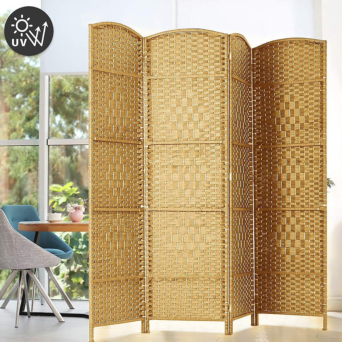 Corelax Room dividers 6 ft. Tall-20 Wide Freestanding Privacy Screen with Diamond Woven Fiber, Foldable Panel Partition Wall Divider, Double-Hinged Room Dividers(Yellow, 6 Panel)