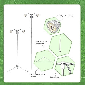 TAURUSY Grow Lights for Indoor Plants Full Spectrum with Detachable Tripod Stand, 10-55 Inches Height Adjustable Aluminum Alloy Indoor Plant Grow Lamp with Auto On/Off Timer Function