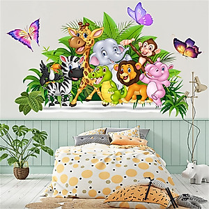 Colorful Animal Wall Sticker Green Leaf Butterfly Cartoon Animal Sticker African Jungle Elephant Giraffe Monkey Lion Lifelike 3D Picture Children's Bedroom Wallpaper Decoration Nursery Classroom Living Room (Green1)