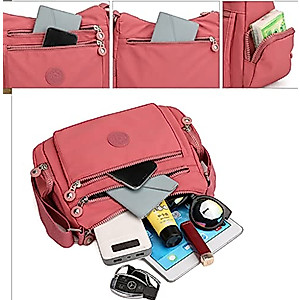 YaJaMa Multi Zipper Women Crossbody Bag Large Capacity Nylon Travel Shoulder Messenger Bag Handbag Satchel (Pink)