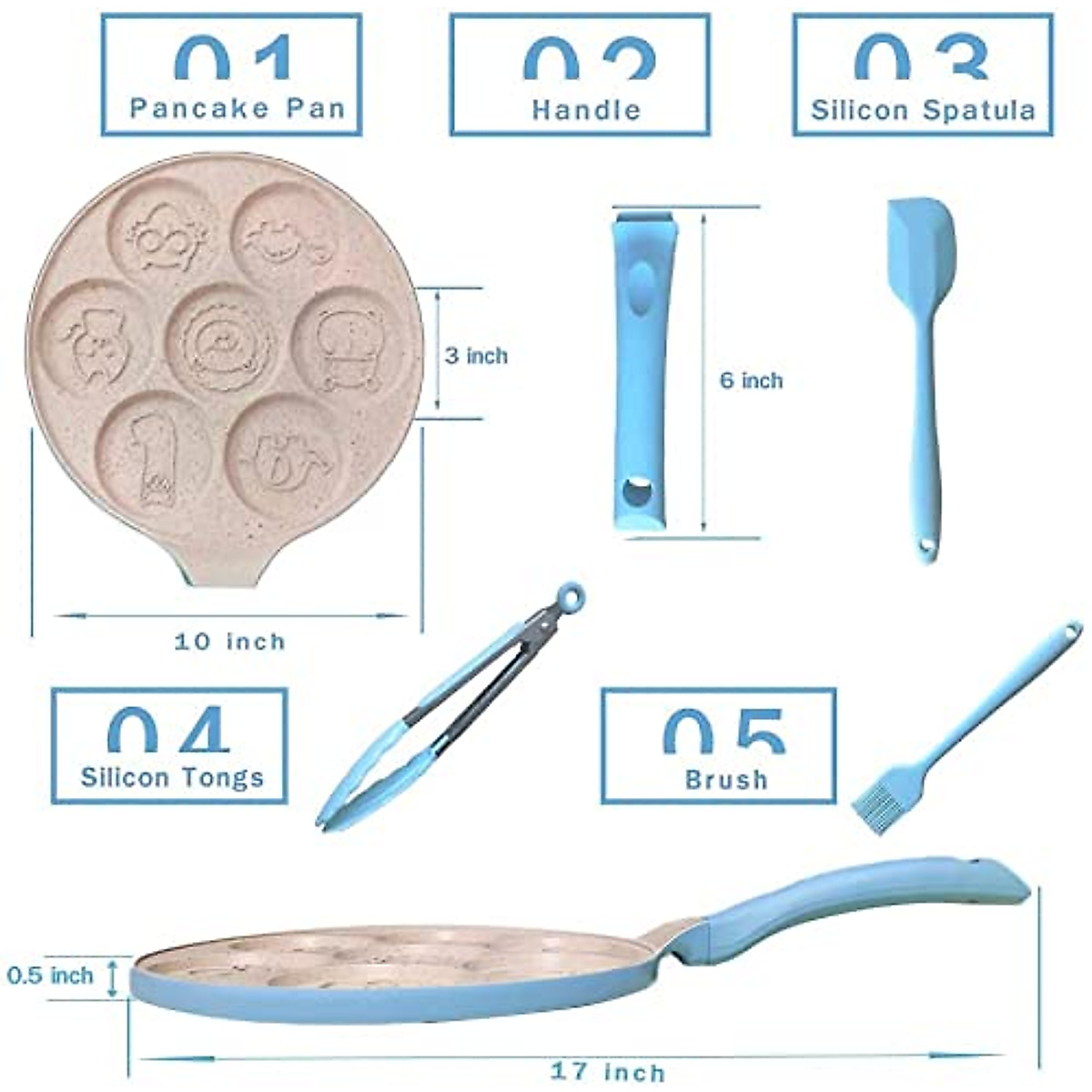 DAYOOH Mini Pancake Griddle, Nonstick Pancakes Pan for Kids Induction Cooktops Pancake Griddle Maker with Animal Molds, Suitable for All Stovetops, Blue