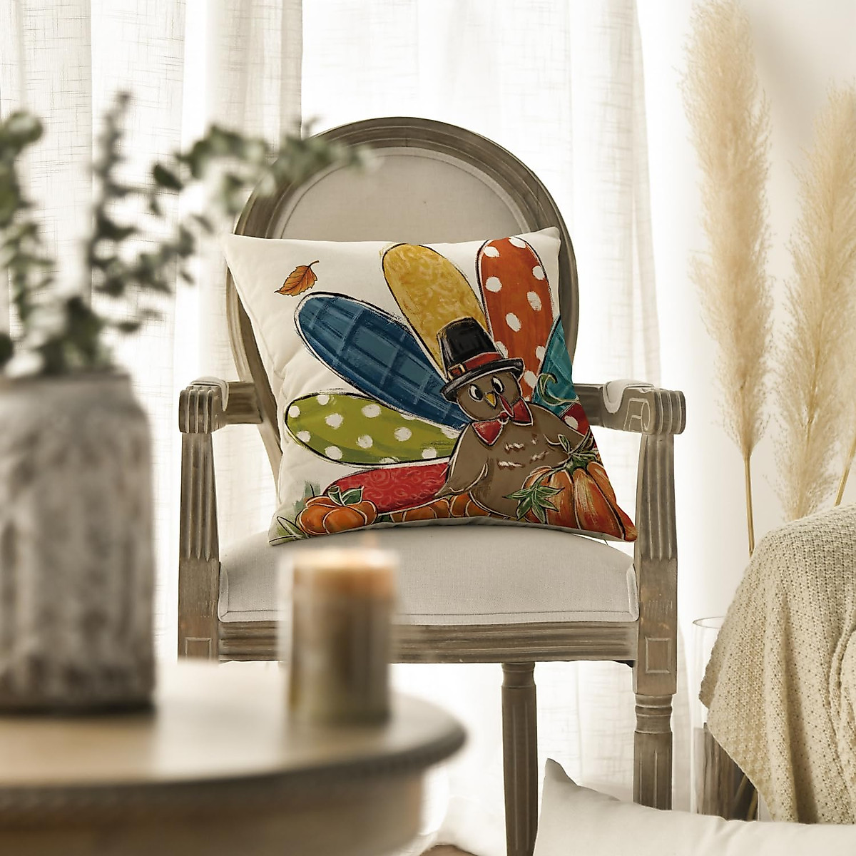 AVOIN colorlife Thanksgiving Turkey Pumpkin Throw Pillow Cover, 18 x 18 Inch Thanksgiving Fall Cushion Case for Sofa Couch