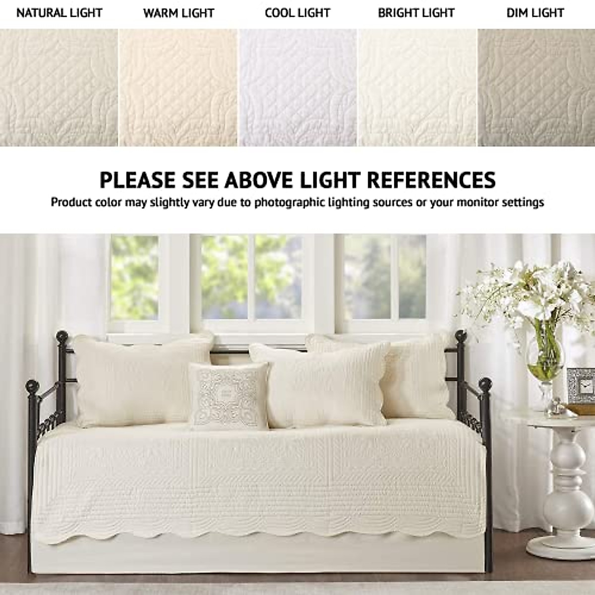 Madison Park Tuscany Daybed Cover Set-Trendy Damask Quilting with Scalloped Edges All Season Luxury Bedding with Bedskirt, Matching Shams, Decorative Pillow, Cream, 39"x75", 6 Piece