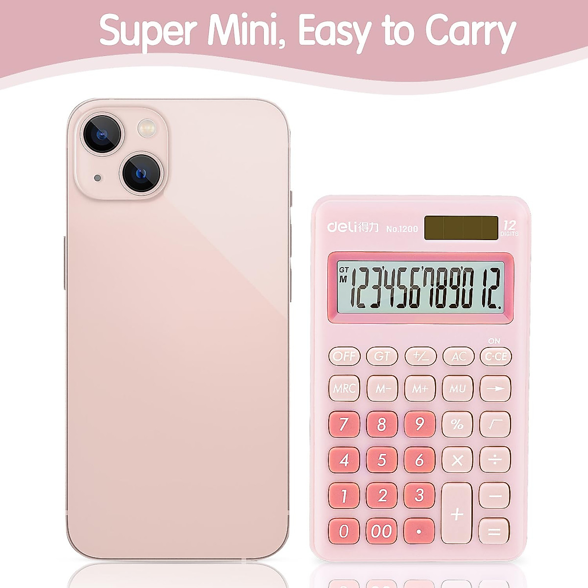 deli Standard Function Basic Calculator, 12 Digit Desktop Calculator with Large LCD Display, Solar Battery Dual Power Office Calculator, Pink