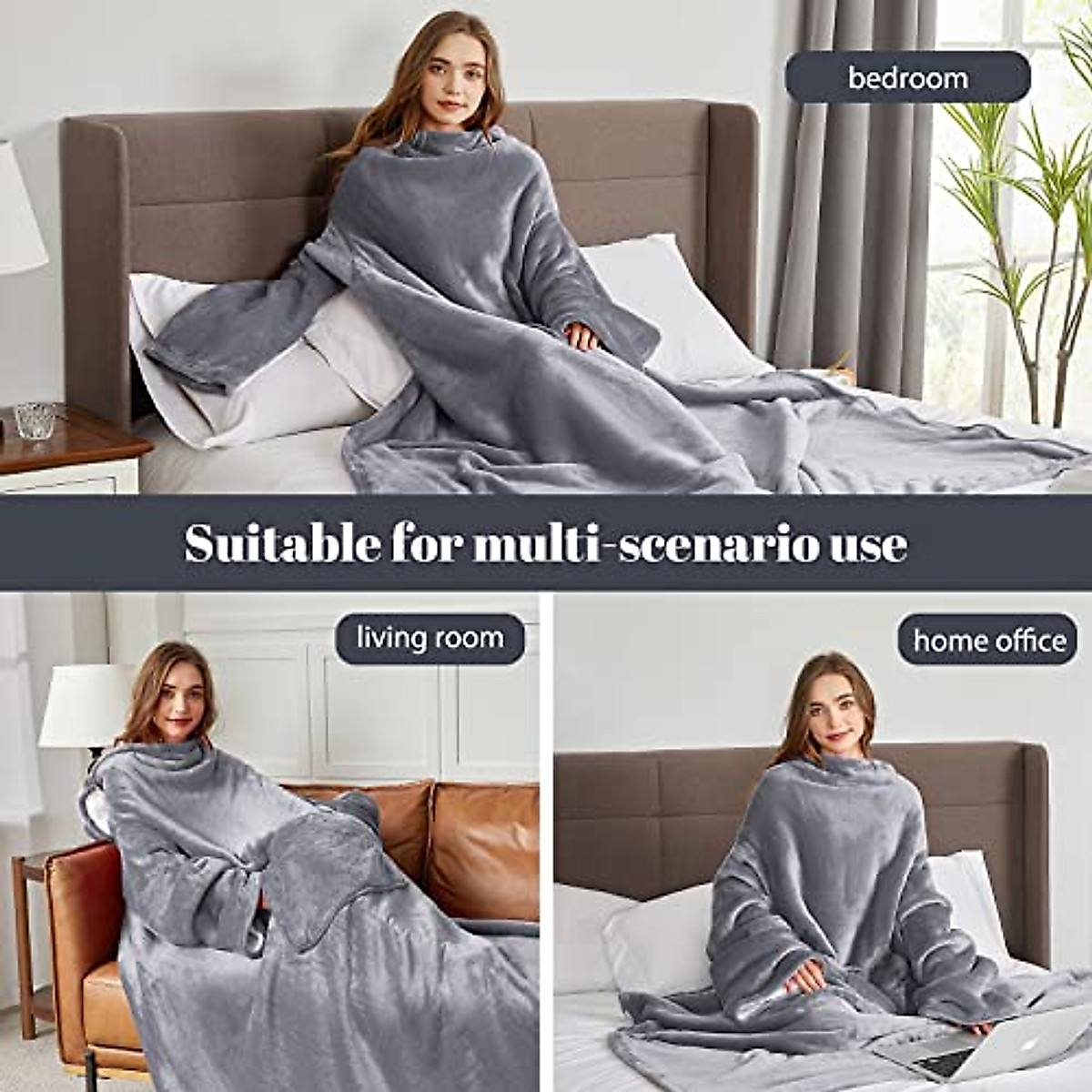 HOSUKKO Sherpa Wearable Blanket with Sleeves Pocket and Hat, Extra Long Warm Soft Fleece Cozy Functional Blankets, Gifts for Women Girlfriend Mom Wife and Daughter.(Grey)