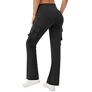GymSmart Mid Waisted Yoga Cargo Pants for Women Stretch Bootcut Casual Pants Black