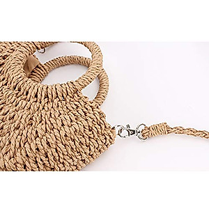 QTKJ Mini Semi-circle Rattan Straw Handbags, Hand-woven Women Summer Retro Straw Tote Bag Beach Tote Shoulder Bag Crossbody Bag Round Handle Beach Handbags (Khaki)