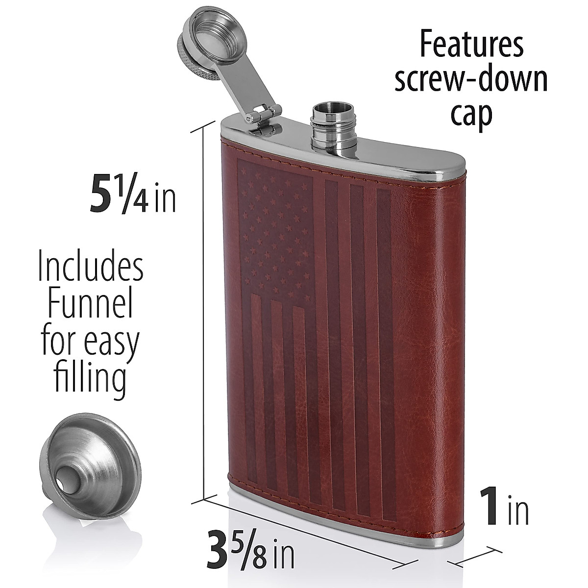 Maxam Stainless Steel Flask With Leather Embossed Flag Wrap, Lightweight Drinking Hip Flask with a Screw-On, Leak Proof Lid and Funnel, 8 Ounce Capacity