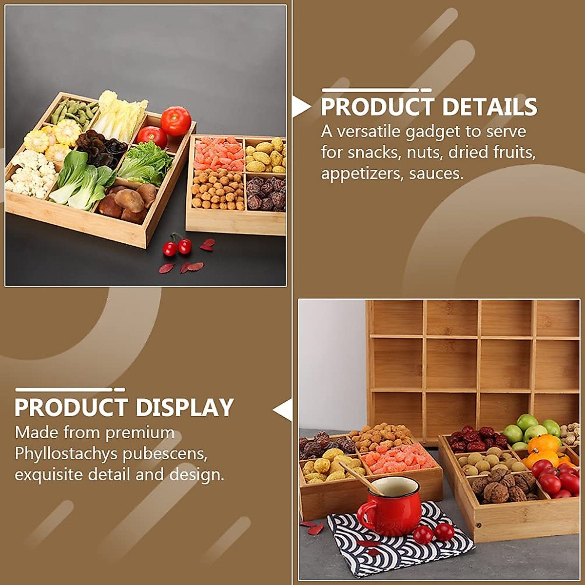 DOITOOL Wooden Dried Fruit Box Jiugongge Multifunction Snack Storage Container Sectional Tray Serving Dish Platter for Wedding Birthday Halloween Party Supplies