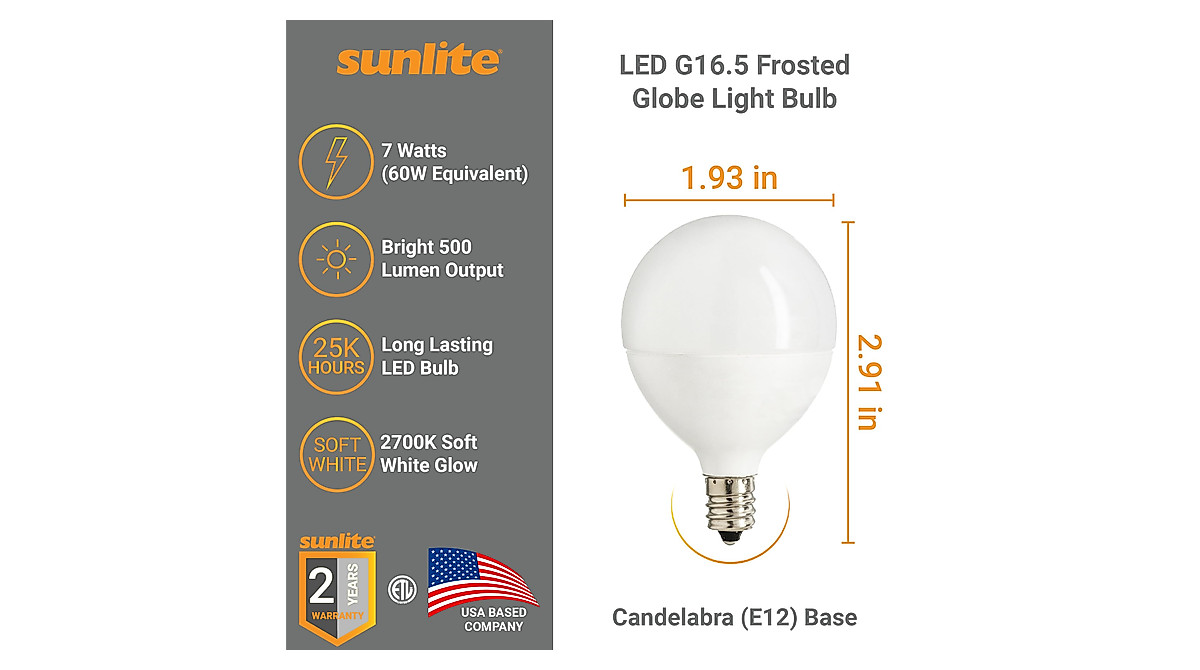Sunlite 40299 LED G16.5 Globe Light Bulb, 7 Watts (60W Equivalent), 500 Lumens, 2700K Soft White ...