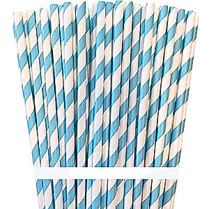 Shuiniba Biodegradable Striped Paper Straws,Paper Drinking Straws for Party, Events and Crafts,Baby Shower Decorations 7.75 Inches,100 Packs - Light Blue White - Striped