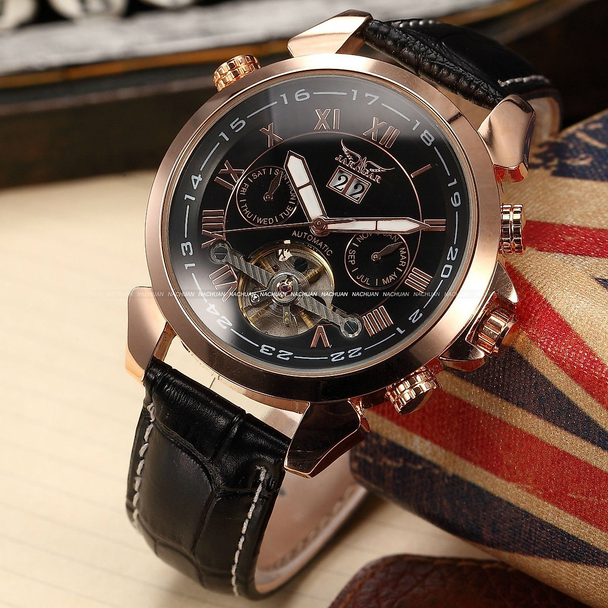 MASTOP Men Black Tourbillon Rose Golden Aviator Automatic Mechanical Watch