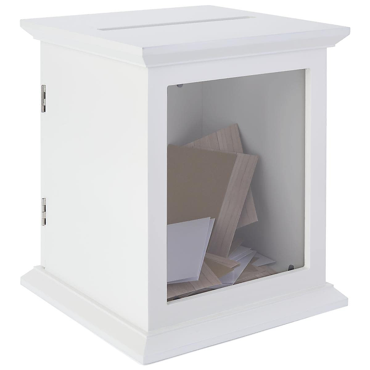 Displays2go Wooden Wedding Card Box, 8" x 10" Photo Frame, Top Slot, Rear Access Door - Ivory (FDGWCBWHT)