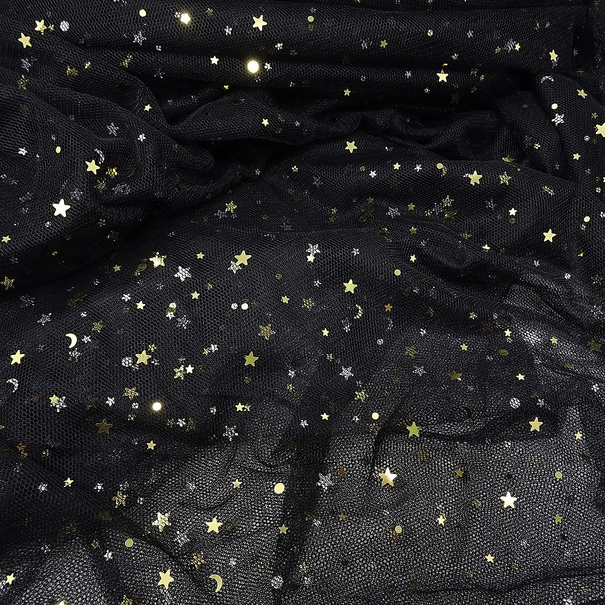 Honbay 5.5x1.7Yards Glitter Star Moon Sequin Tulle Net Yarn for Background Decoration or DIY Crafts Making (White) (Black)