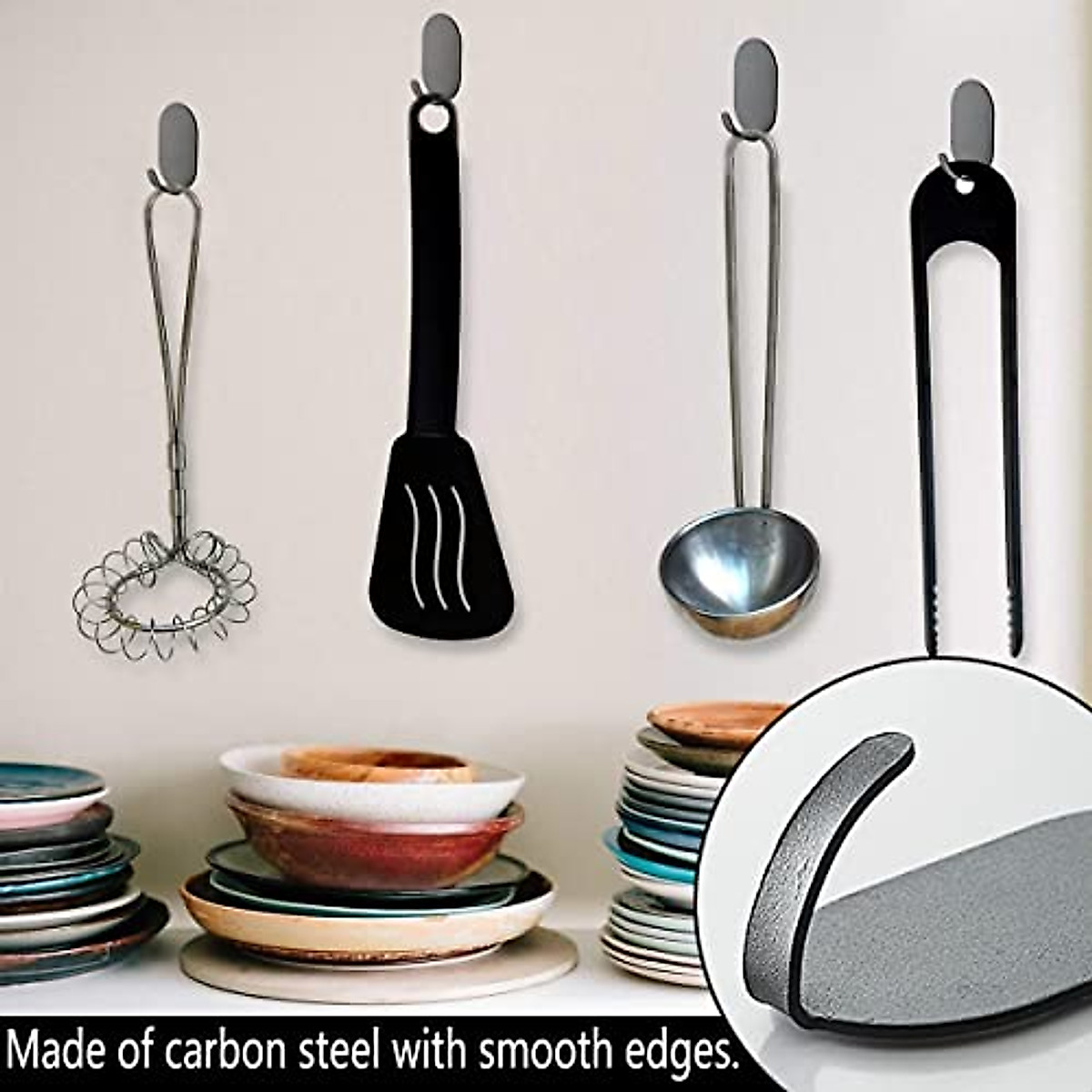 JIELAIMI Self Adhesive Hooks White, 10 Pack Sticky Hooks Extra Strong for Kitchen, Bathroom, Sink - Waterproof Carbon Steel Stick Hanger on Towel Hooks