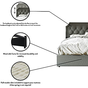 DG Casa Ardon Upholstered Platform Bed Frame with Storage Diamond Button Tufted Nailhead Trim Adjustable Height Headboard Full Wooden Slats - Queen Size Bed in Grey Fabric