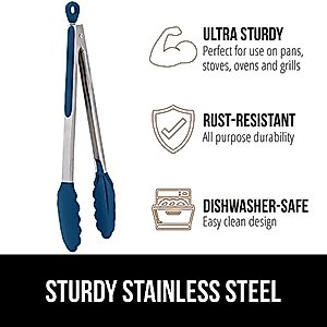 Gorilla Grip Silicone Tongs Set of 2 and Manual Can Opener, Silicone Tongs Are 9 and 12 Inch, Can Opener Includes Built in Bottle Opener, Both in Blue Color, 2 Item Bundle