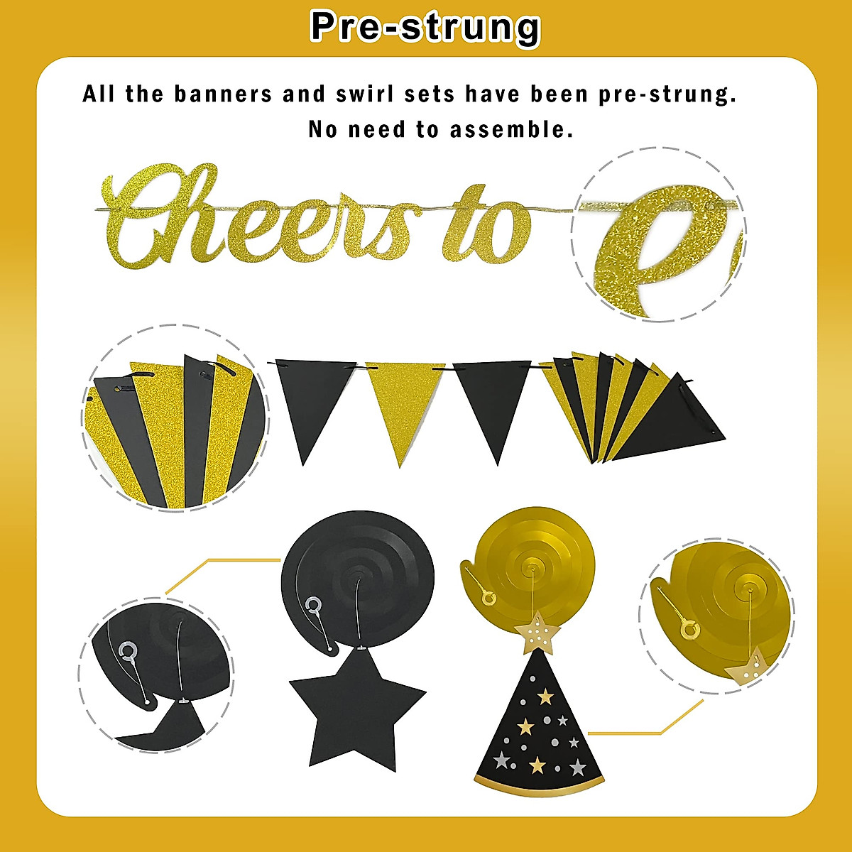PRE-STRUNG 40th Birthday Banner, Cheers to 40 Years Banner, Happy 40th Birthday Hanging Swirl Ceiling Decoration for Men Women Him Her, Black Gold 40 Year Old Birthday Party Decor Kit, 30PCS, Vicycaty