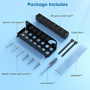 KUNSLCUK Wall Mount for Switch and Switch OLED, Metal Wall Mount Stand Accessories with 28 Game Cards Holder and 2 Joy-Con Hooks, Safely Mount your Switch on Wall Near TV (Black)