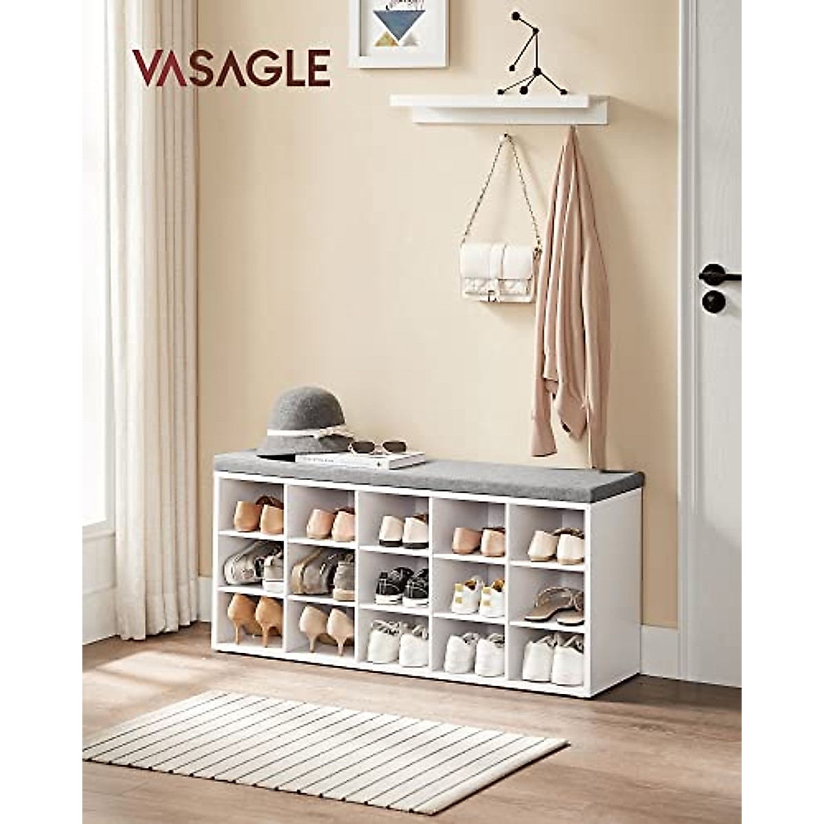 VASAGLE Shoe Bench, Storage Bench, Shoe Rack Bench, Shoe Shelf, Storage Cabinet, 15 Compartments, with Cushion, for Entryway, 11.8 x 41.3 x 18.9 Inches, White and Gray ULHS15WT