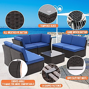 TiuBroe 7 Pieces Patio Furniture Sets, Outdoor PE Rattan Sectional Sofa Conversation Set, All Weather Conversation Set w/6 Seat Cushions and 1 Coffee Table (Light Gray)