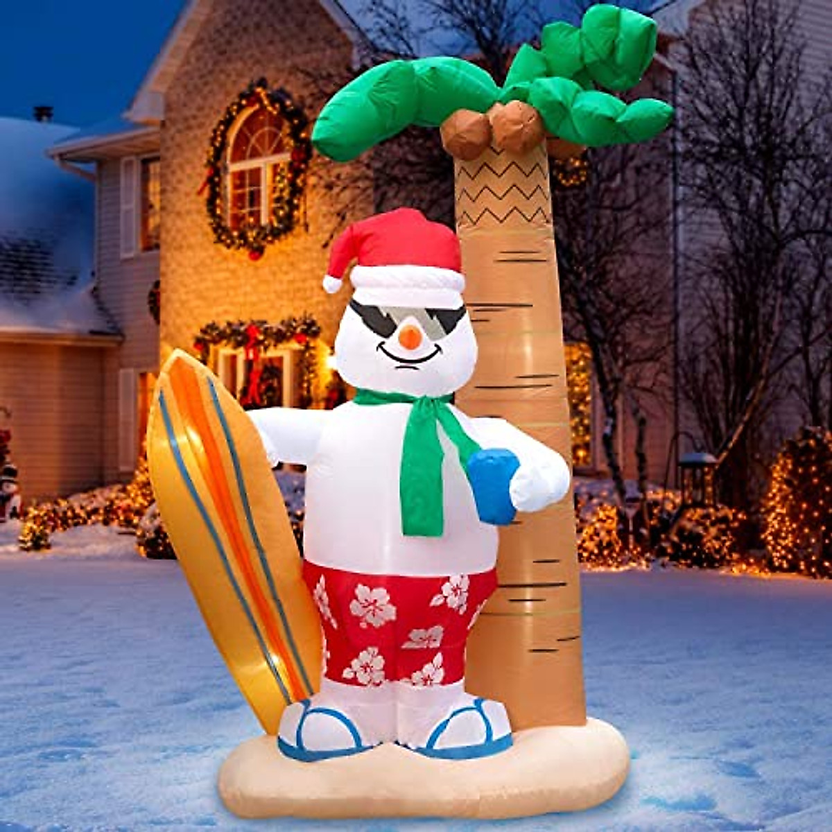 Holidayana 8 ft Christmas Inflatable Surfing Snowman Yard Decoration - 8 ft Tall Lawn Decoration, Bright Internal Lights, Built-in Fan, and Included Stakes and Ropes