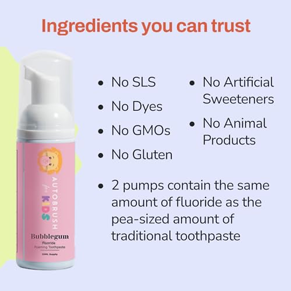 AutoBrush Kids Fluoride-Free Foaming Toothpaste Bubblegum Flavor for Electric or U-Shaped Toothbrush, SLS-Free, Training Toothpaste, Anti-Cavity (1 Pack)