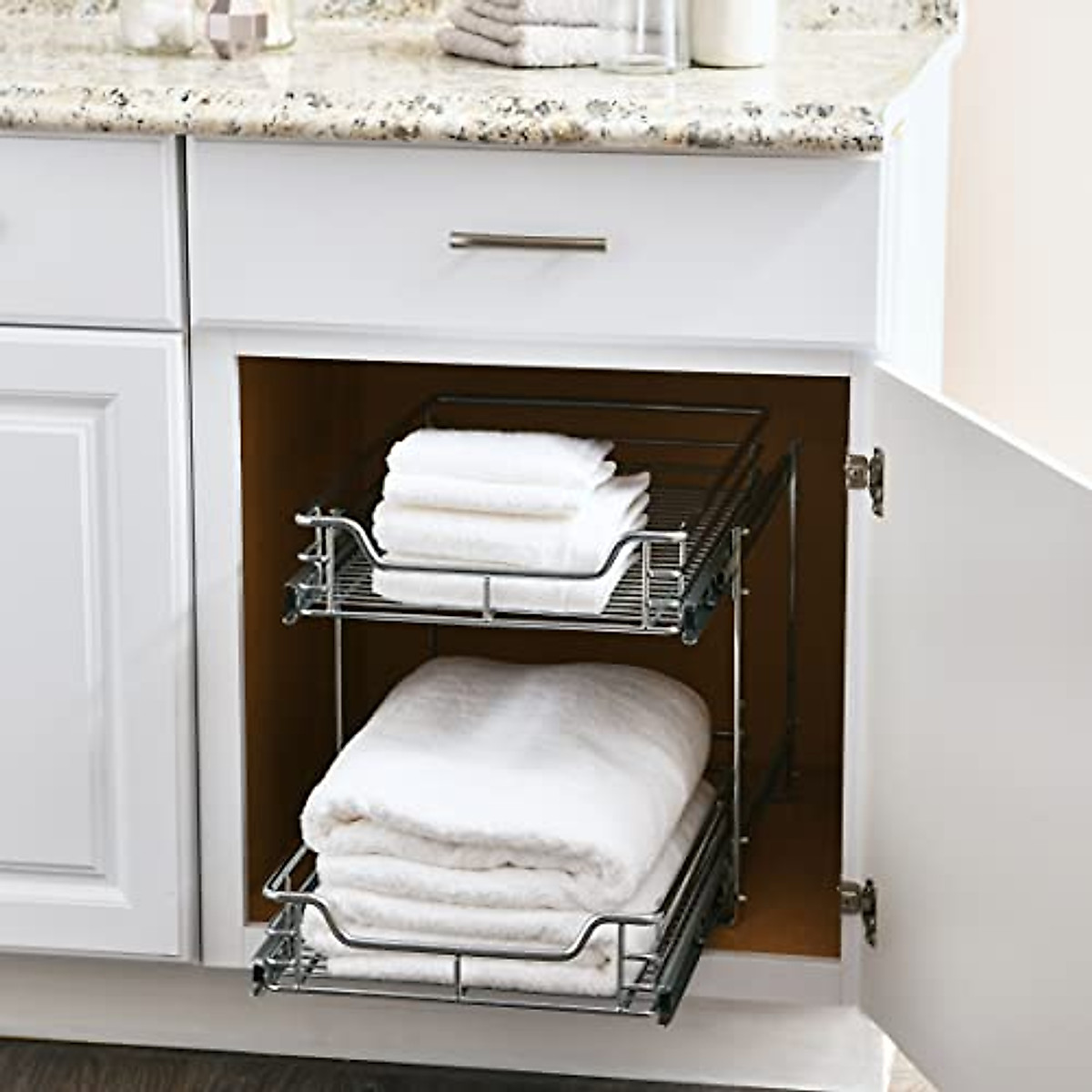 Household Essentials C21521-1 Glidez Dual 2-Tier Sliding Cabinet Organizer, 14.5" Wide, Chrome & C26512-1 Glidez Under Sink Sliding Organizer | Pull Out Cabinet Shelf | Chrome | 12.5 Inches Wide