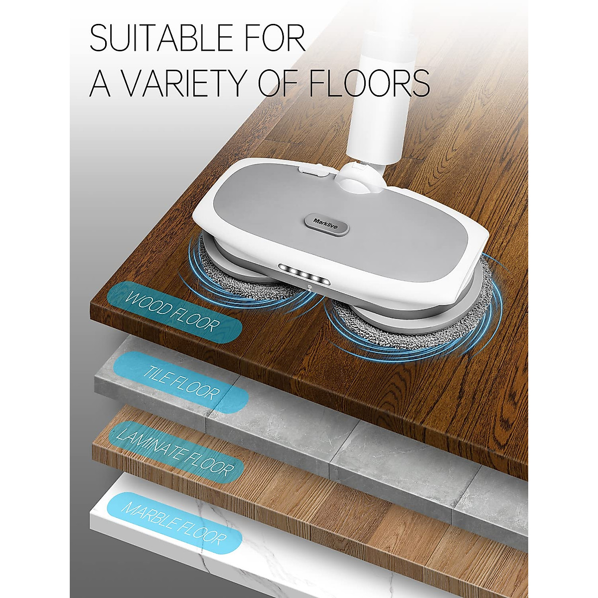 MARK LIVE Electric Mop, Cordless Floor Cleaner, LED Headlight and Water Sprayer with 300ml Tank, Up to 60 Mins of Powerful Spin, Polisher for Hardwood, Tile and Laminate Floors, 6 Mop Pads