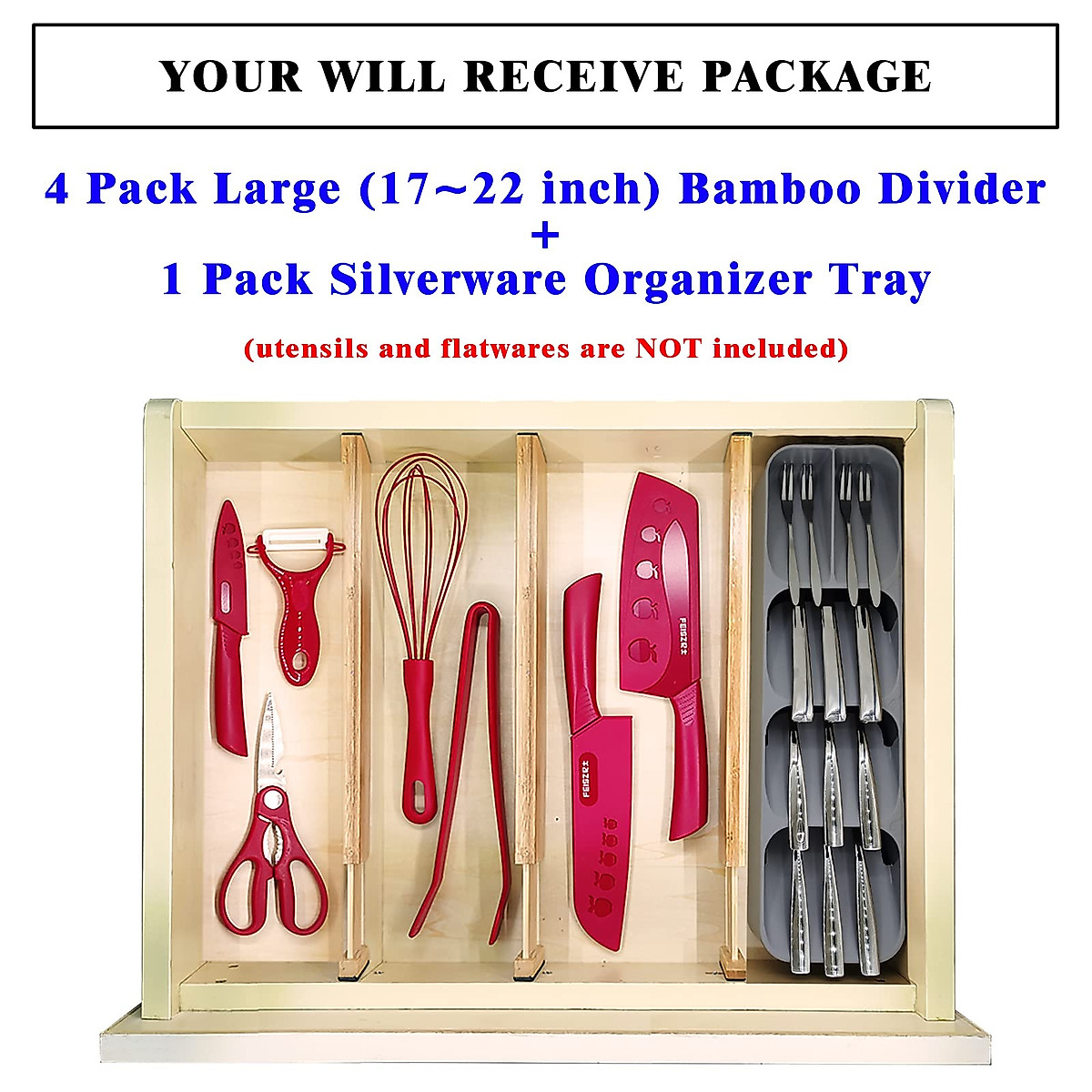 SJAELLAND Upgraded Drawer Organizer Kitchen Utensil Flatware Set - Plastic Silverware Tray - 4 Pack (17-22 in) Expandable Bamboo Drawer Dividers