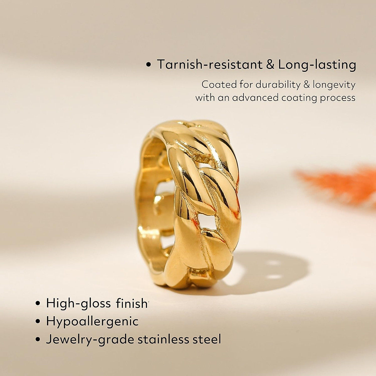 BENIQUE Gold Chunky Statement Rings for Women, Link Chain Tarnish-Resistant 18k Gold Plated Stainless Steel Size 5 6 7 8 9 10 11 (LinkChain/8)