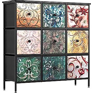 YILQQPER Dresser for Bedroom with 9 Drawers, Chest of Drawers for Closet, Living Room, Hallway, Nursery, Tall Storage Organizer Unit with Sturdy Steel Frame, Fabric Bins, Wood Top (Floral Painted)