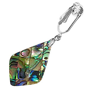 Aloha Earrings Tahitian-Style Abalone Paua Shell Clip On Earrings-Mother of Pearl Shells Authentic Ocean Romantic Shells Holiday, Authentic (Abalone Paua Rhombus Drop)