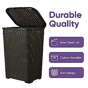 Plastic Laundry Hamper with Lid Laundry Hamper Basket, Brown 2 Pack Tall Cloths Hamper Organizer with Cut-out Handles. Space Saving for Laundry Room Bedroom Bathroom, Wicker Design 60 Liter