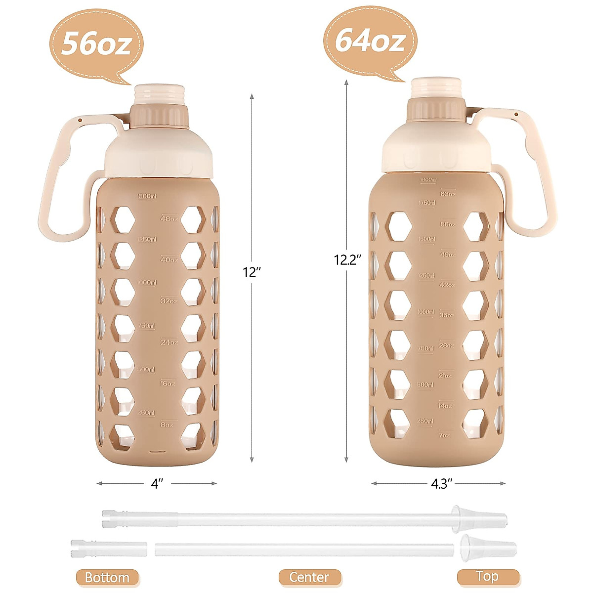 MUKOKO 64 Oz Glass Water Bottles, Half Gallon Water Bottle With Straw And Silicone Sleeve Wide Mouth Leakproof Reusable Water Jug With Time Marker And Handle For Gym, Outdoor, BPA Free,Amber