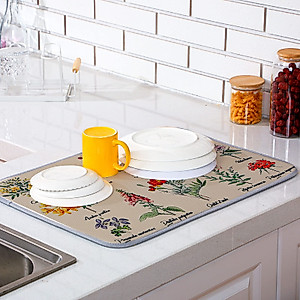 18 x 24 Inch Kitchen Drying Mat Flower Herbs Dish Drying Mats for Kitchen Counter Dish Drying Pad Plant Absorbent Reversible Microfiber Leaves Plant Dish Mat for Drainer Rack Coffee Bar Decor